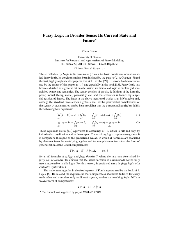 (PDF) Fuzzy logic in broader sense: its current state and future