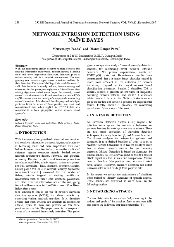 (PDF) Network intrusion detection using naive bayes