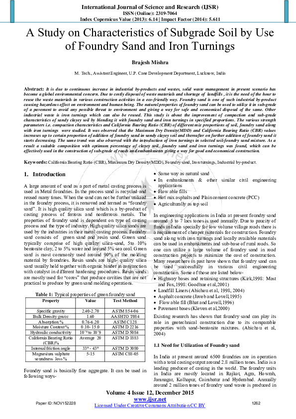 (PDF) A Study on Characteristics of Subgrade Soil by Use of Foundry Sand and Iron Turnings