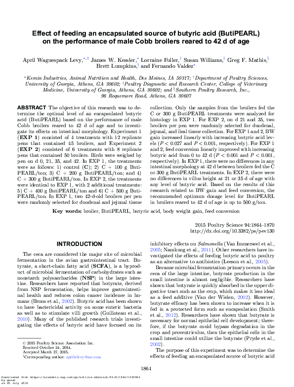 (PDF) Effect of feeding an encapsulated source of butyric acid (ButiPEARL) on the performance of ...