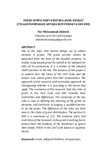 (PDF) Hibah Semua Harta Kepada Anak Angkat (Telaah Komparasi Antara Kuh ...