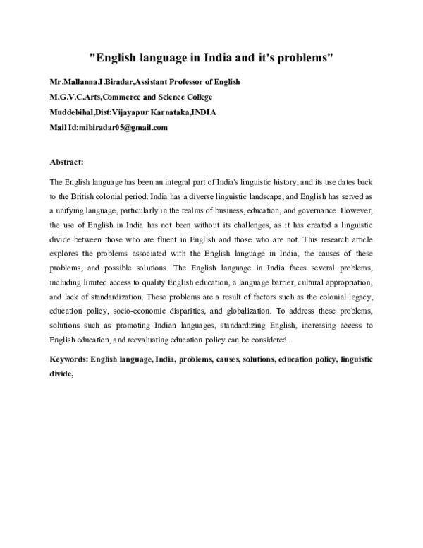 (DOC) "English language in India and it's problems"