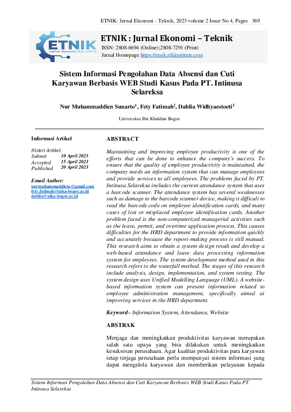 (PDF) Sistem Informasi Pengolahan Data Absensi dan Cuti Karyawan Berbasis WEB Studi Kasus Pada ...