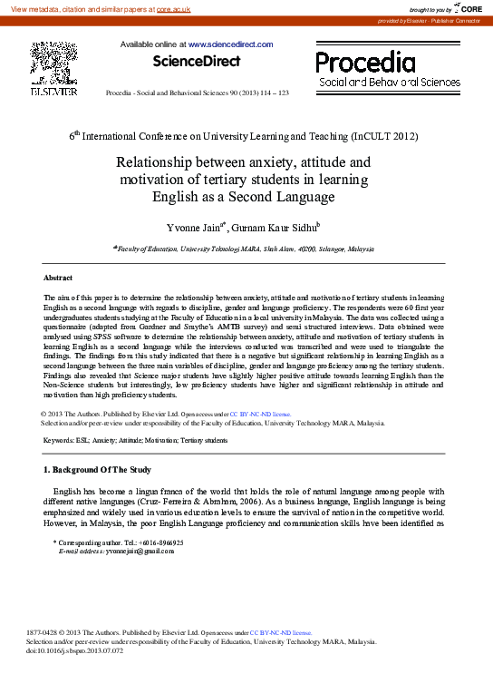 (PDF) Relationship between Anxiety, Attitude and Motivation of Tertiary ...