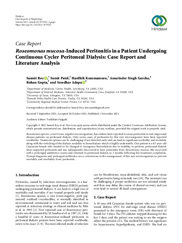 (PDF) Roseomonas mucosa-Induced Peritonitis in a Patient Undergoing ...