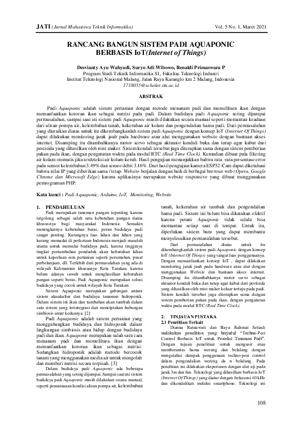 (PDF) RANCANG BANGUN SISTEM PADI AQUAPONIC BERBASIS IoT(Internet of Things)