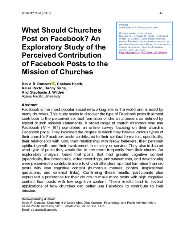 (PDF) What Should Churches Post on Facebook? An Exploratory Study of ...