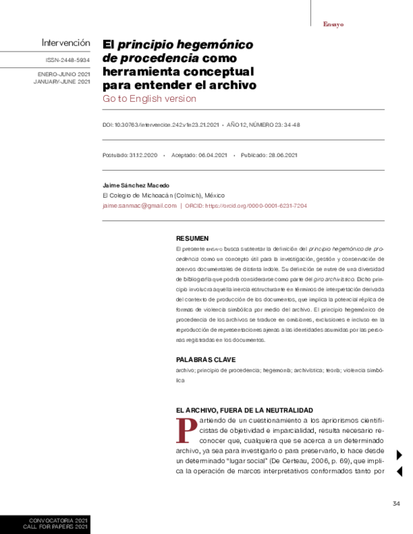 (PDF) El principio hegemónico de procedencia y el archivo