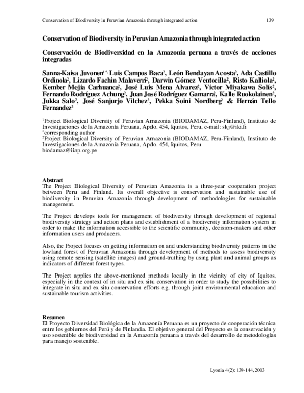 (PDF) Conservation of Biodiversity in Peruvian Amazonia through ...