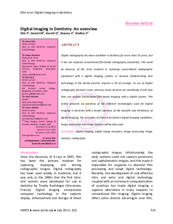(PDF) Digital Imaging in Dentistry: An Overview