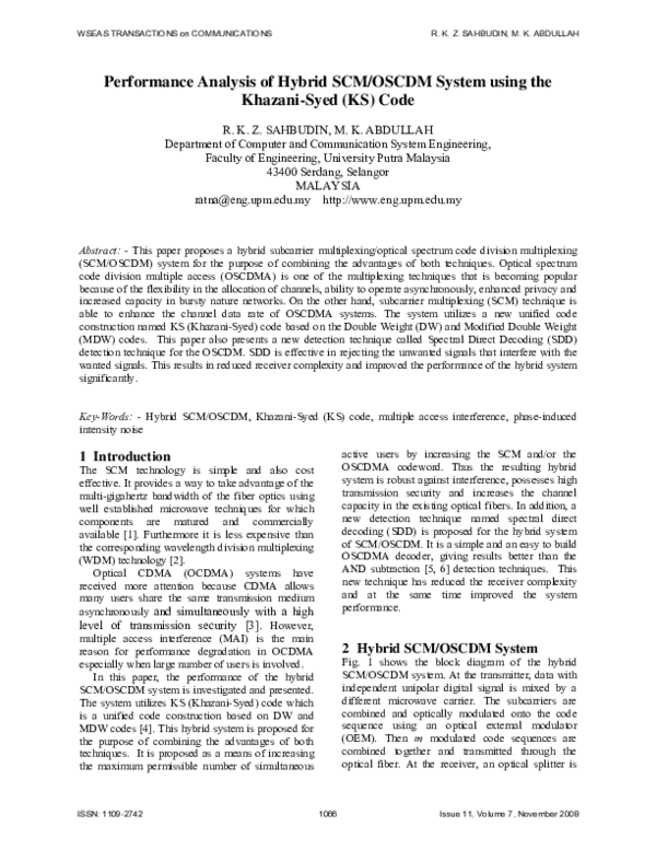 (PDF) Performance analysis of hybrid SCM/OSCDM system using the Khazani-Syed (KS) code