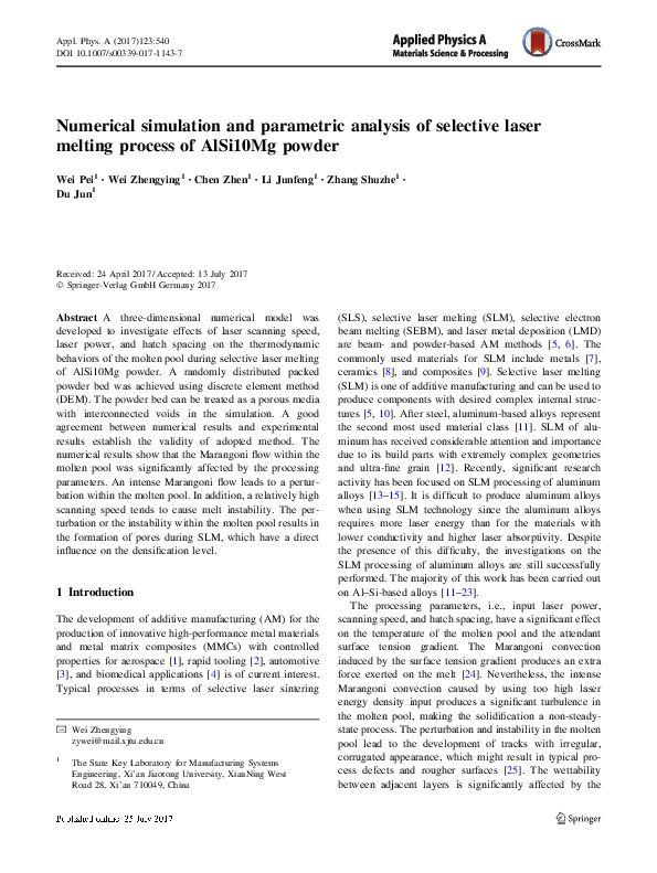 Pdf Numerical Simulation And Parametric Analysis Of Selective Laser Melting Process Of