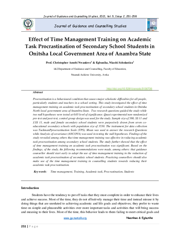 (PDF) Effect of Time Management Training on Academic Task ...