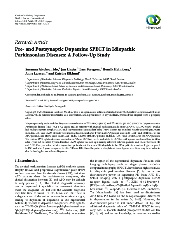 (PDF) Pre- and Postsynaptic Dopamine SPECT in Idiopathic Parkinsonian ...