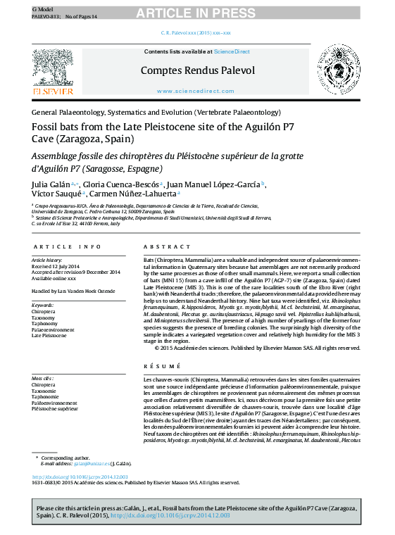 (PDF) Fossil bats from the Late Pleistocene site of the Aguilón P7 Cave (Zaragoza, Spain)