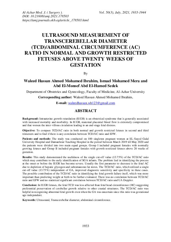 (PDF) Ultrasound Measurement of Transcerebellar Diameter (TCD ...