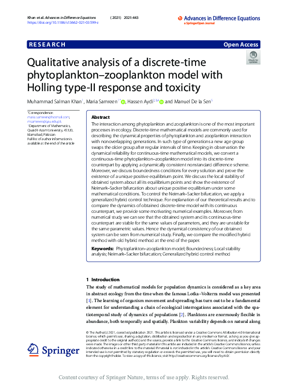 (PDF) Qualitative analysis of a discrete-time phytoplankton-zooplankton ...