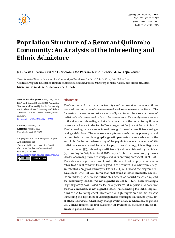 (PDF) Population Structure of a Remnant Quilombo Community: An Analysis of the Inbreeding and ...
