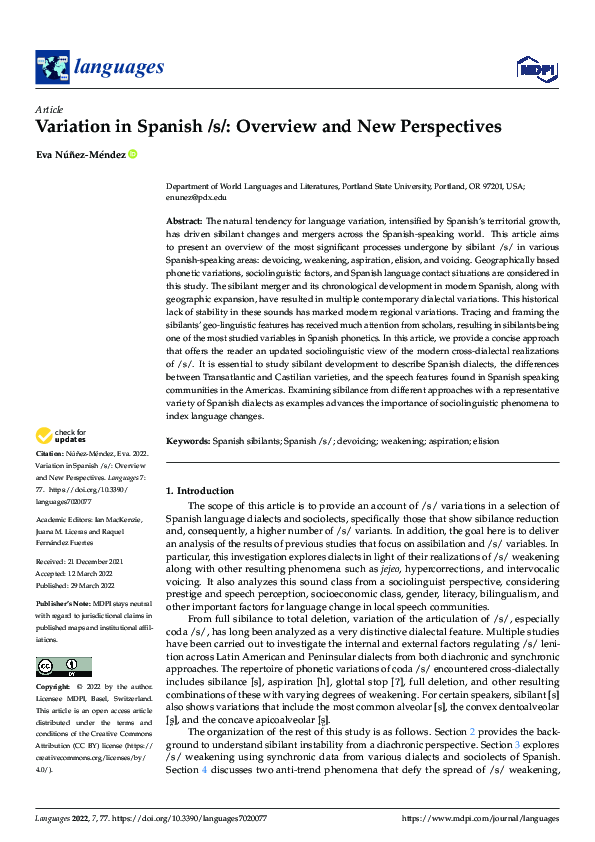 (PDF) Variation in Spanish /s/: Overview and New Perspectives ...