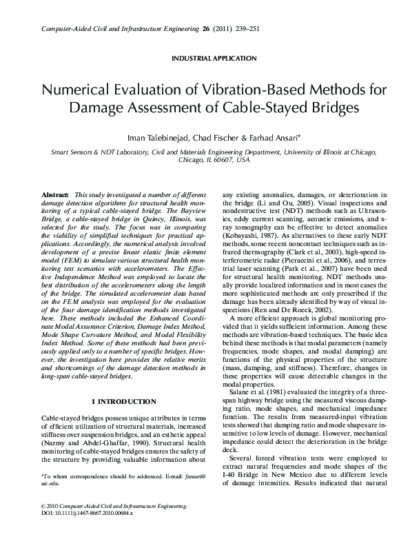 (PDF) Numerical Evaluation of Vibration-Based Methods for Damage Assessment of Cable-Stayed Bridges