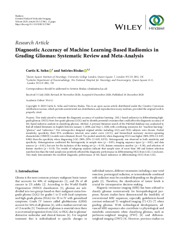 (PDF) Diagnostic Accuracy of Machine Learning-Based Radiomics in Grading Gliomas: Systematic ...