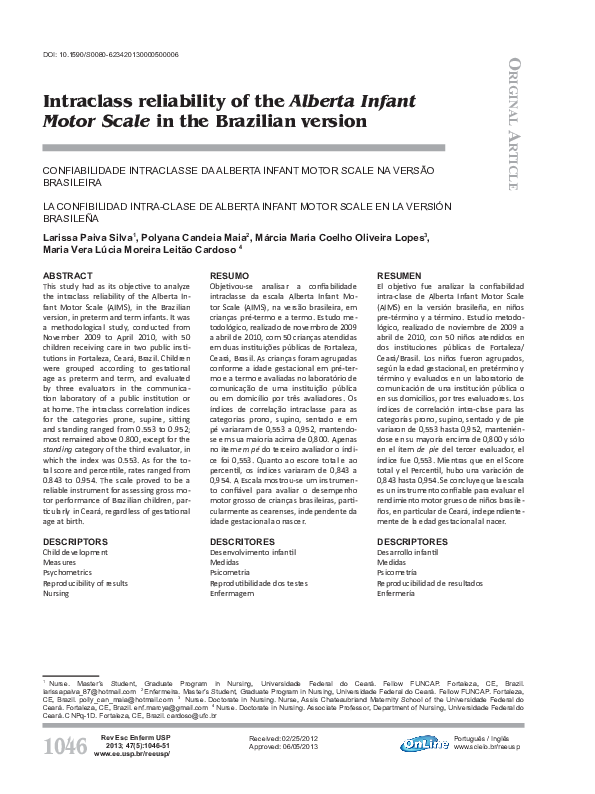 (PDF) Intraclass reliability of the Alberta Infant Motor Scale in the ...