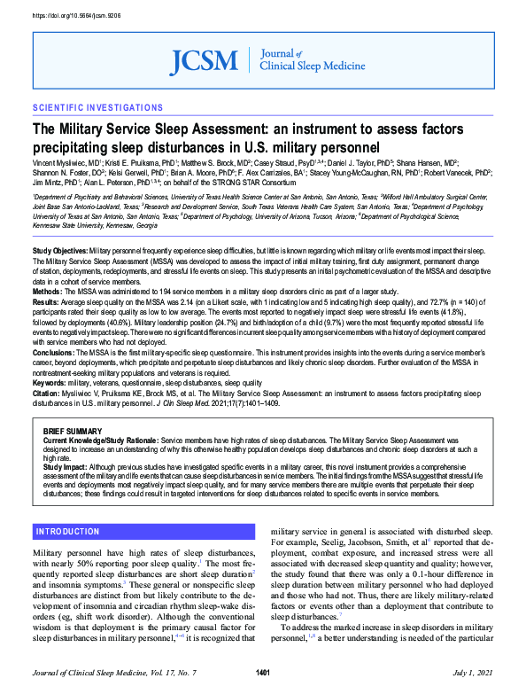 (PDF) The Military Service Sleep Assessment: an instrument to assess ...