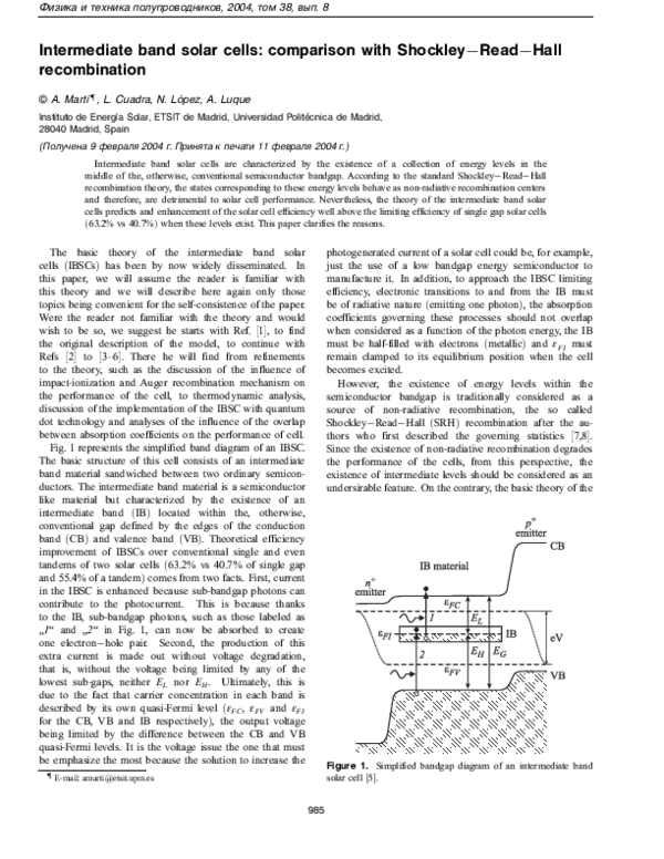(PDF) Intermediate band solar cells: Comparison with shockley-read-hall ...