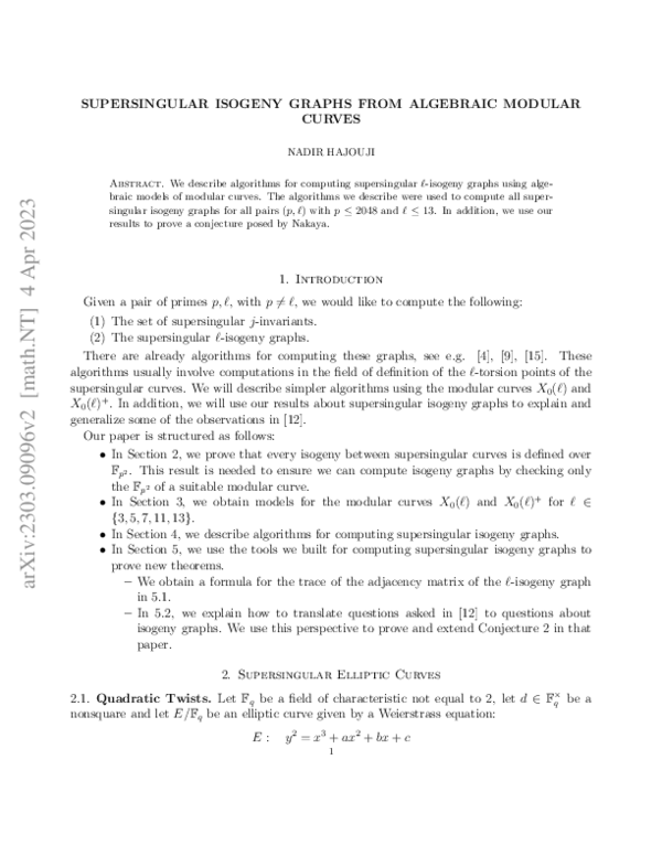 (PDF) Supersingular Isogeny Graphs from Algebraic Modular Curves | Nadir Hajouji - Academia.edu