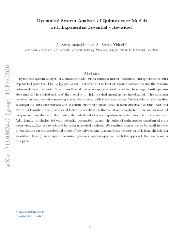 (PDF) Dynamical system analysis of quintessence models with exponential ...