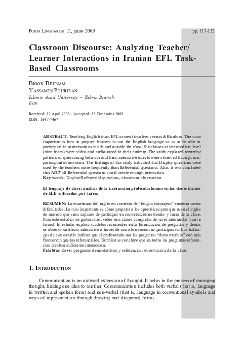 (PDF) Classroom discourse: analyzing teacher/learner interactions in iranian EFL task-based ...