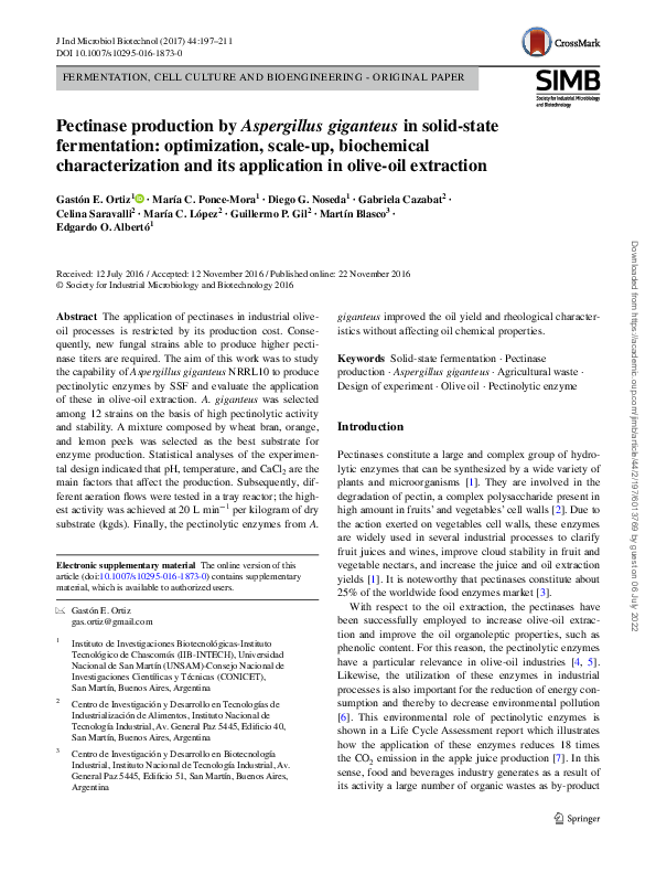 Pdf Pectinase Production By Aspergillus Giganteus In Solid State Fermentation Optimization