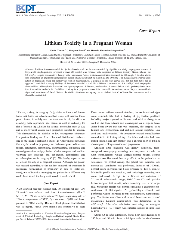 (PDF) Lithium Toxicity in a Pregnant Woman