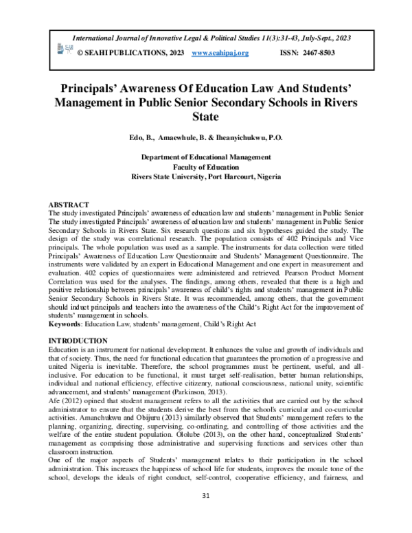 (PDF) Principals' Awareness Of Education Law And Students' Management ...