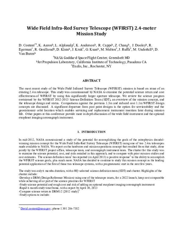 (PDF) Wide-Field InfraRed Survey Telescope (WFIRST) 2.4-meter mission study