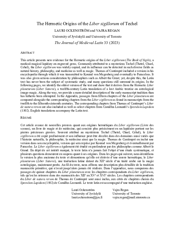 (PDF) The Hermetic Origins of the Liber sigillorum of Techel
