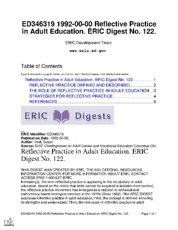 (PDF) Reflective Practice in Adult Education. ERIC Digest No. 122
