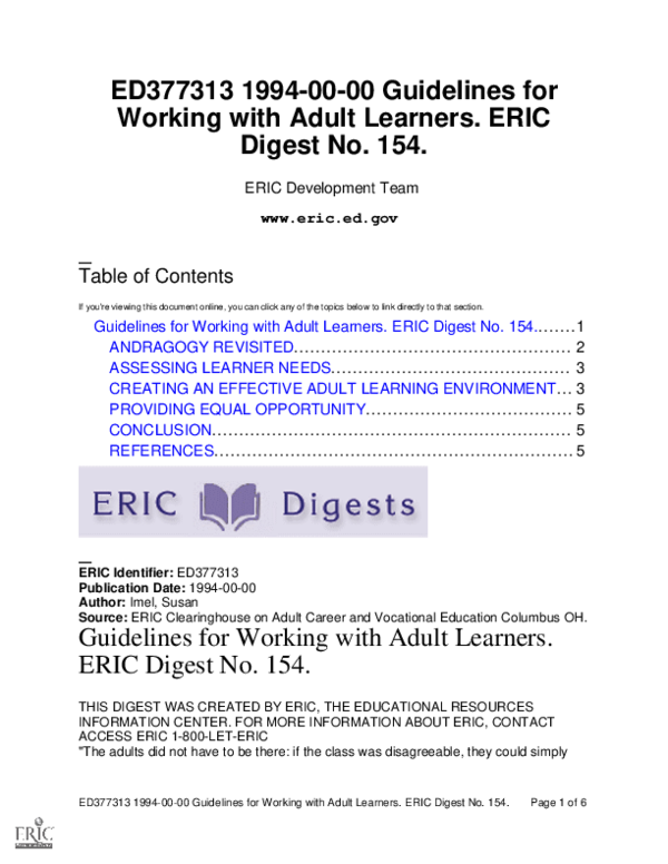 (PDF) Guidelines for Working with Adult Learners. ERIC Digest No. 154