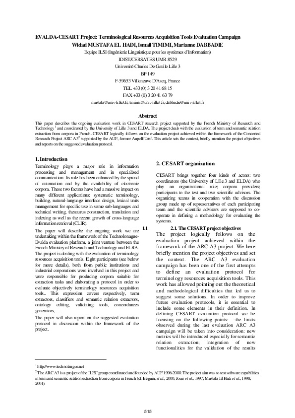 (PDF) EVALDA-CESART Project: Terminological Resources Acquisition Tools Evaluation Campaign ...