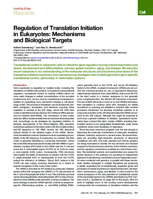 (PDF) Regulation of Translation Initiation in Eukaryotes: Mechanisms ...