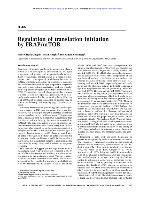 (PDF) Regulation of translation initiation by FRAP/mTOR