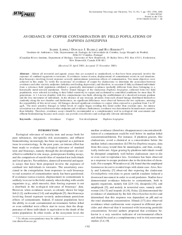 (PDF) Avoidance of Copper Contamination by Field Populations of Daphnia ...