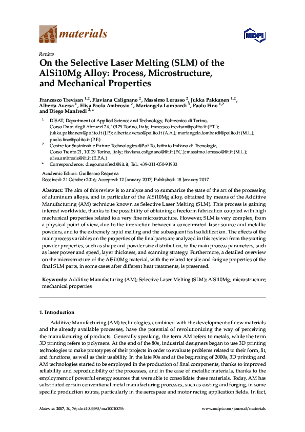 Pdf On The Selective Laser Melting Slm Of The Alsi10mg Alloy Process Microstructure And
