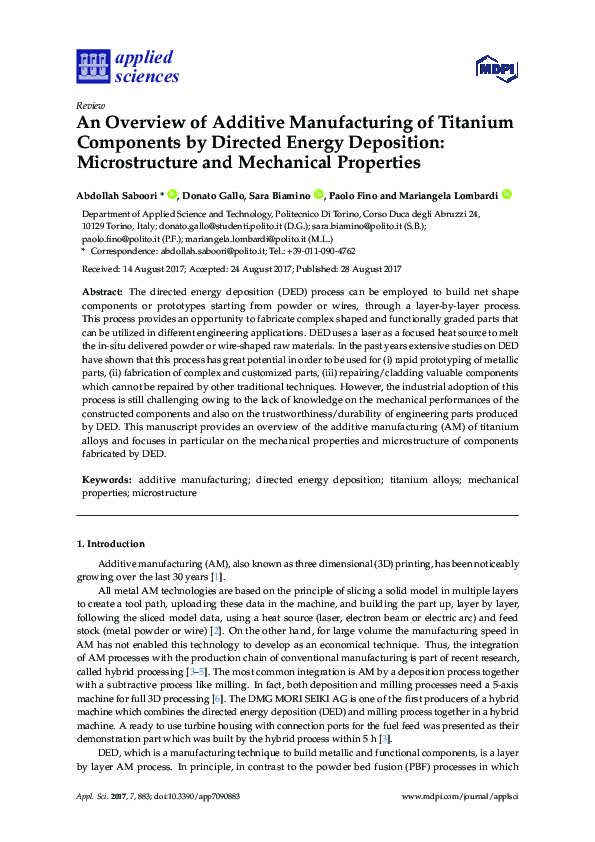 (PDF) An Overview of Additive Manufacturing of Titanium Components by Directed Energy Deposition ...