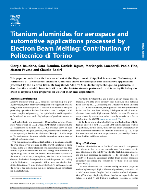(PDF) Titanium aluminides for aerospace and automotive applications ...
