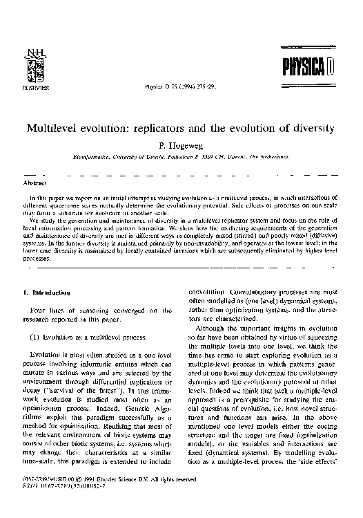 (PDF) Multilevel evolution: replicators and the evolution of diversity