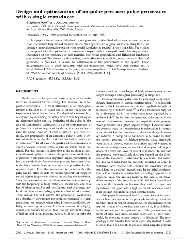 (PDF) Design and optimization of unipolar pressure pulse generators with a single transducer