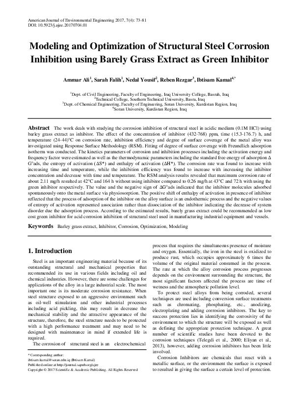 (PDF) Corrosion inhibition of mild steel by Laurus nobilis leaves extract as green inhibitor