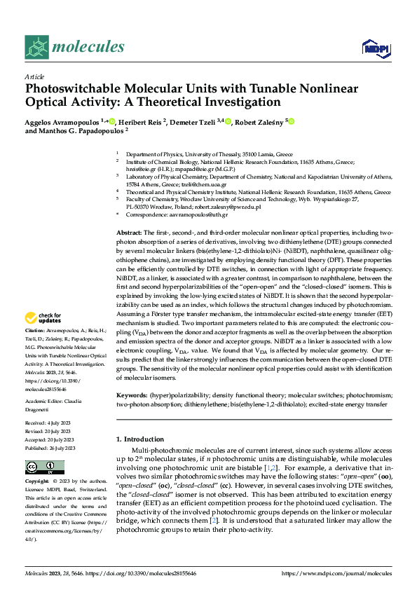 (PDF) Photoswitchable Molecular Units with Tunable Non-Linear Optical Activity: A Theoretical ...