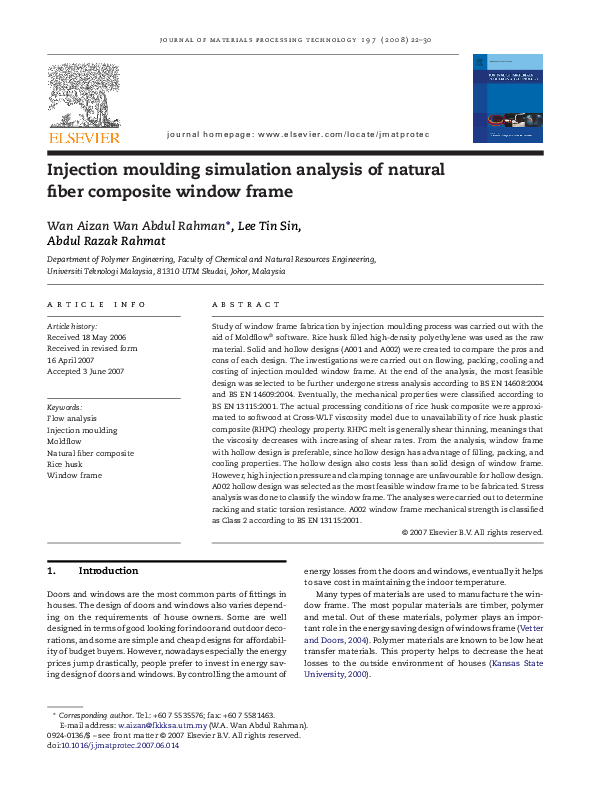 (PDF) Injection moulding simulation analysis of natural fiber composite window frame | Abd ...